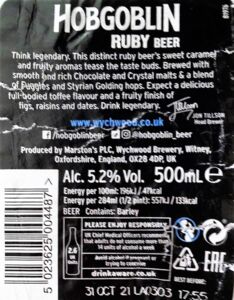 Drink Label: Hobgoblin Ruby Beer (Wychwood Brewery Co, United Kingdom ...