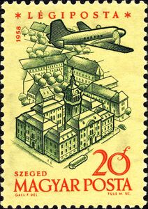 Stamp: Ilyushin Il-14P over City Hall, Szeged (Hungary(40th Anniversary ...