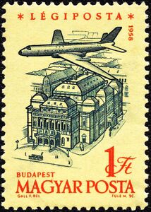 Stamp: Airliner Tupolev Tu 104 over Opera House, Budapest (Hungary(40th ...