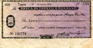 Banknote: 100 Lire (Italy(1975-1978 Emergency Issues - Miniassegni) Fra ...