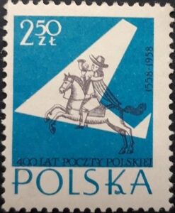 Stamp: Postilion and Stylized Plane (Poland(400th Anniv. Polish Post ...