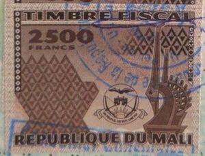 Stamp: Sculpture and national emblem (Mali: Revenue Stamps(Fiscal) Col ...