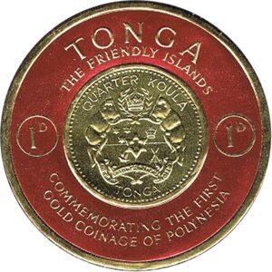 Stamp: Reverse of 1962 ¼ koula gold coin (coat of arms) (Tonga(1st gold ...