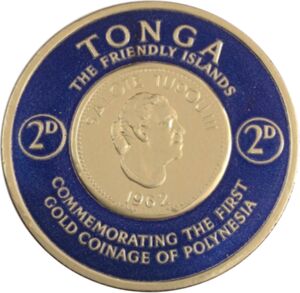Stamp: Obverse of 1962 ¼ koula gold coin (Queen Sālote Tupou III ...