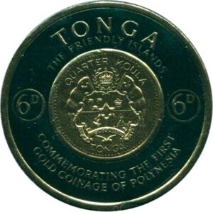 Stamp: Reverse of 1962 ¼ koula gold coin (coat of arms) (Tonga(1st gold ...