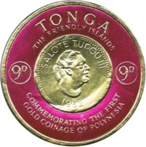 Stamp: Obverse of 1962 ¼ koula gold coin (Queen Sālote Tupou III ...