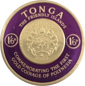 Stamp: Reverse of 1962 ¼ koula gold coin (coat of arms) (Tonga(1st gold ...