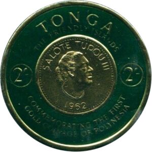 Stamp: Obverse of 1962 ¼ koula gold coin (Queen Sālote Tupou III ...
