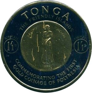 Stamp: Obverse of 1962 ½ koula gold coin (Queen Sālote Tupou III ...