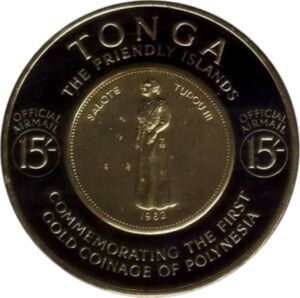 Stamp: Obverse of 1962 1 koula gold coin (Queen Sālote Tupou III ...