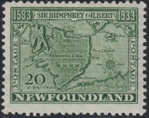 Stamp: Map of Newfoundland, 1626 (Newfoundland(350th Anniversary of Annexation by Sir Humphrey ...