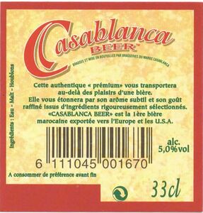 Drink Label: Casablanca Beer Premium Lager Beer (Société des Brasseries ...