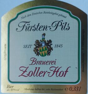 Štítok z nápoja: Fursten-Pils Brauerei Zoller-Hof (Brauerei Zoller-Hof ...