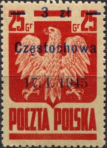 Stamp: Polish Eagle, Overprint 3z on 25g Częstochowa 17.1.1945 (Poland ...