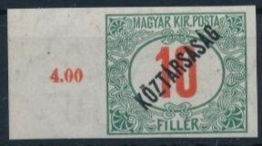 Stamp: Overprint KÖZTÁRSASÁG, red cipher (Hungary(Postage Due ...