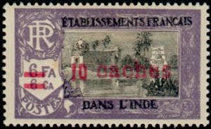 Stamp: Temple near Pondicherry, Surcharged (India, French(Brahma and ...