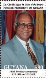 Stamp: Colour picture of Cheddi Jagan (Guyana(100th birth anniversary ...