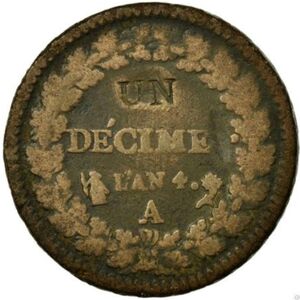 Coin: 1 Decime (A - Paris. UN countermarked 2 Décimes) (France) (1793 ...
