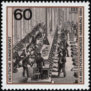 Timbre: Letter sorting in the main post office in Berlin (1880 ...