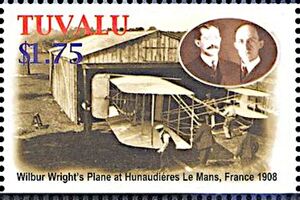 Stamp: Wilbur Wright's Plane at Hunaudieres, Le Mans, France 1908 (Tuvalu(Centenary of Powered ...