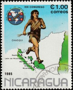 Stamp: Chasqui, mail runner and map of Realejo-Nicaragua route ...