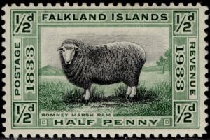 Stamp: Romney Marsh Ram (Ovis aries) (Falkland Islands(Centenary of ...