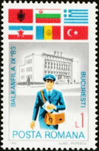 Stamp: Flags, Letter Carrier, Post Office (Romania(International Stamp ...