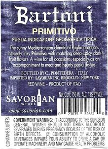 Drink Label: Bartoni Primitivo (Winery Bartoni, ItalyCol:IT-WINE-000159