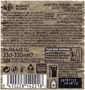Drink Label: Leffe Blond (Brouwerij Hoegaarden (InBev) , BelgiumCol:BE ...