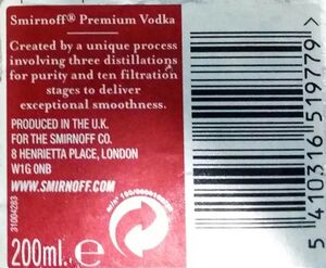 Drink Label: Smirnoff Triple Distilled (The Smirnoff Co. Ltd., United ...