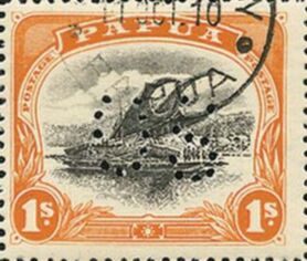 Stamp: Lakatoi with Hanuabada village in background punctured OS (Papua ...