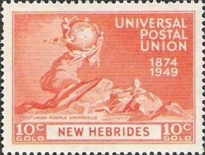 Stamp: Universal Postal Union (UPU) Monument, Berne (New Hebrides(75th ...