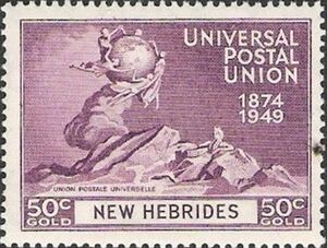 Stamp: Universal Postal Union (UPU) Monument, Berne (New Hebrides(75th ...