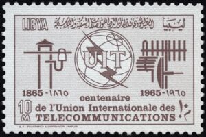 Stamp: ITU Emblem, Telegraph Wire, Antenna (Libya(Centenary of the ...