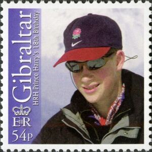 Stamp: HRH Prince Harry wearing a Baseball Cap (Gibraltar(18th Birthday ...