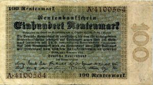 Banknote: 100 Rentenmark (Germany(1923 Rentenmarkschein Issue ...