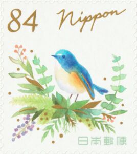 邮票: Red-flanked Bluetail (Tarsiger cyanurus) Leaf Arrangement (日本 ...