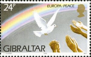 Stamp: Rainbow and Hands releasing Peace Dove (Gibraltar) (Europa (C.E ...