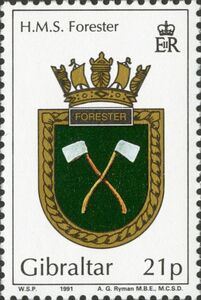 Stamp: H.M.S. "Forester" (Gibraltar(Naval Crests (10th series)) Mi:GI ...