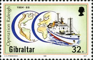 Stamp: "Sir Walter Raleigh" (expedition ship) and World Map (Gibraltar ...