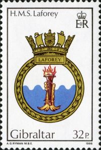Stamp: H.M.S. "Laforey" (Gibraltar(Naval Crests (5th series)) Mi:GI 515 ...