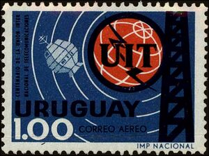 Stamp: ITU emblem and satellite (Uruguay(Centenary of International ...