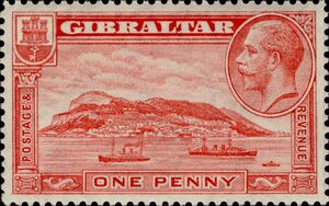 Stamp: Rock of Gibraltar from the East Side (Perf. 14, scarlet ...