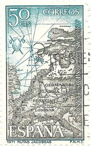 Stamp: Map with Main European Pilgrimage Routes (Spain(Holy Year of ...