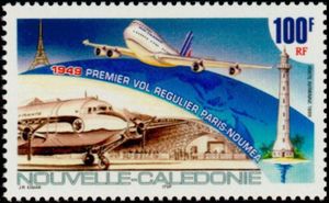 Stamp: Fiftieth anniversary of the first scheduled flight Paris - N ...