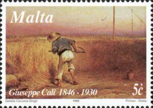 Stamp: "Harvest Time" (Painting by Giuseppe Cali) (Malta(150th Birth ...