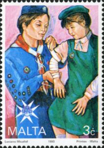Stamp: Learning First Aid (Malta(50th Anniv. of Award of Bronze Cross ...