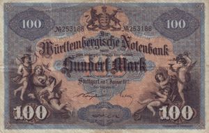 Banknote: 100 Mark (German States(Württembergische Notenbank ...