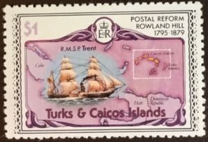 Stamp: Royal Packet "R.M.SP. Trent", map of islands (Turks and Caicos ...