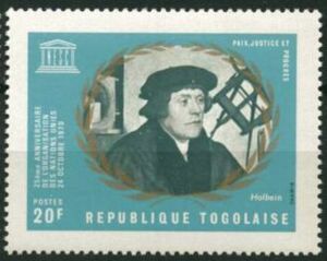 Stamp: Portrait of Nicholas Kratzer, by Holbein and UNESCO emblem (Togo ...